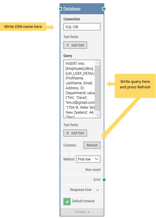 How to perform an Insert operation in Leapwork using a Database Block?